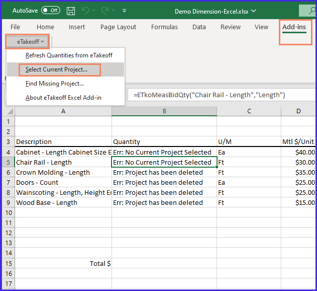 Excel Add-in - Select Project Window missing - eTakeoff